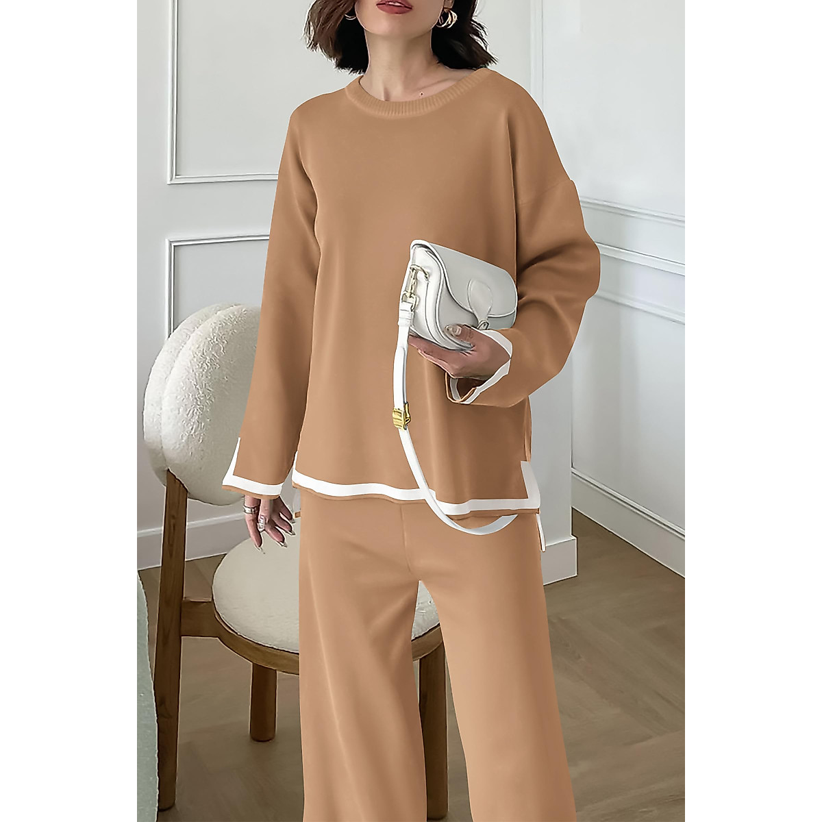 PRETTYGARDEN Women's 2 Piece Knit Sweater Set Casual Long Sleeve Pullover Wide Leg Pants Sweatsuit Tracksuit Outfit (Khaki,Large)