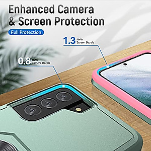 KSELF Galaxy S21 5G Case: Military-Grade Shockproof, Tempered Glass Protector, Ring Kickstand (Green & Pink)