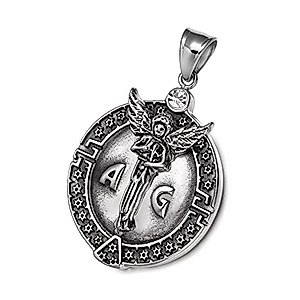 Saint Michael Pendant Holding Holy Cross - Army of God Seal - Archangel Protection Prayer - King of Solomon Star of David Accents - Antique Finish - Guardian Angel Miraculous Medal - White Crystal