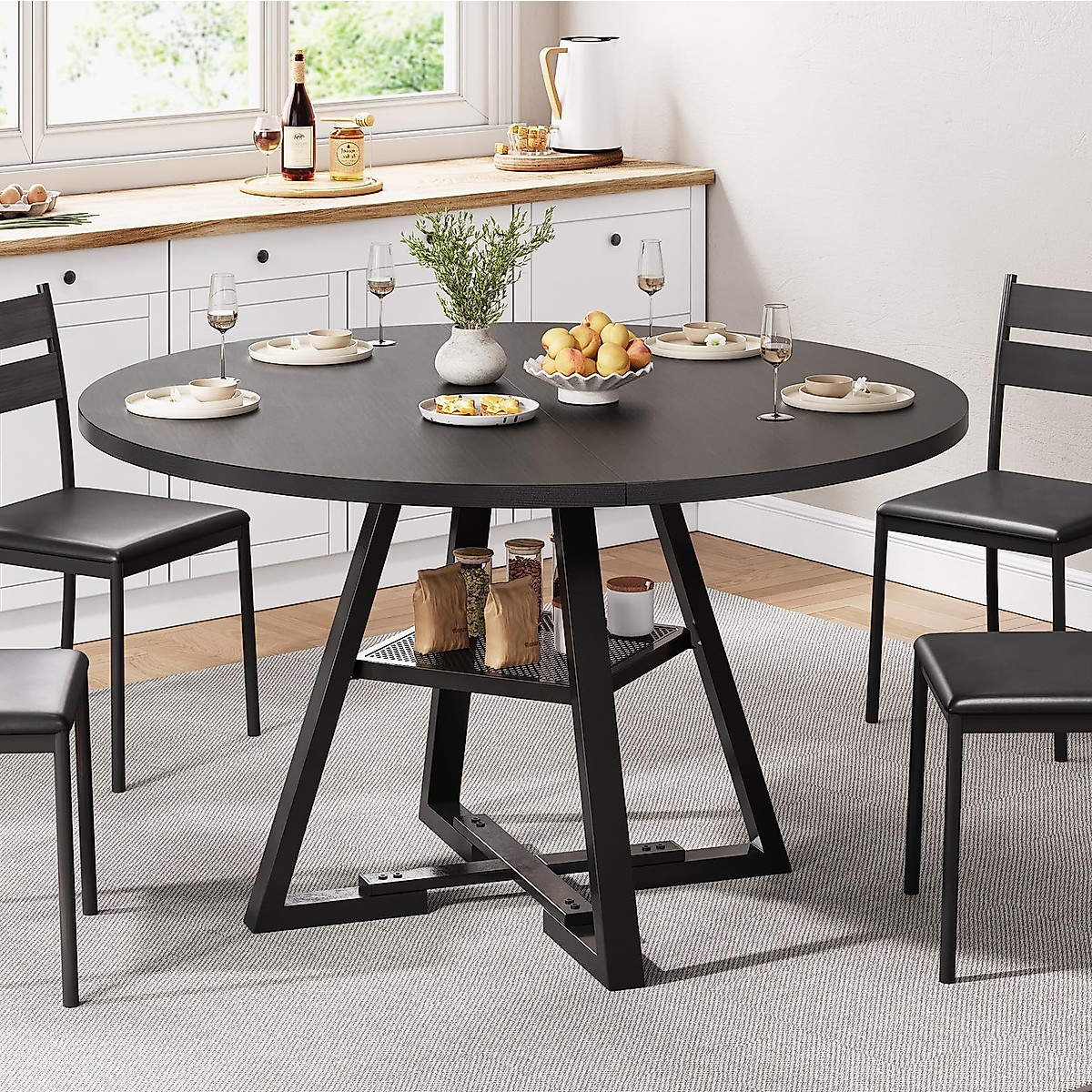 Jocoevol Round Dining Table for 4, Kitchen Table, Dining Table, Circle Table, Round Pedestal Dining Table, Dining Room Table, Dinner Table,Space Saving Wood Kitchen & Dining Room Tables, 47In (Black)