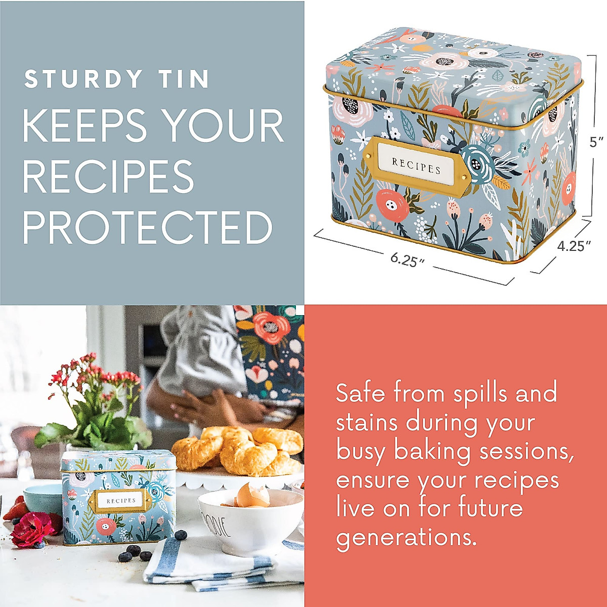 Jot & Mark Recipe Card Gift Box, 25 4x6 inch Cards, 14 Dividers, Decorative Tin Box