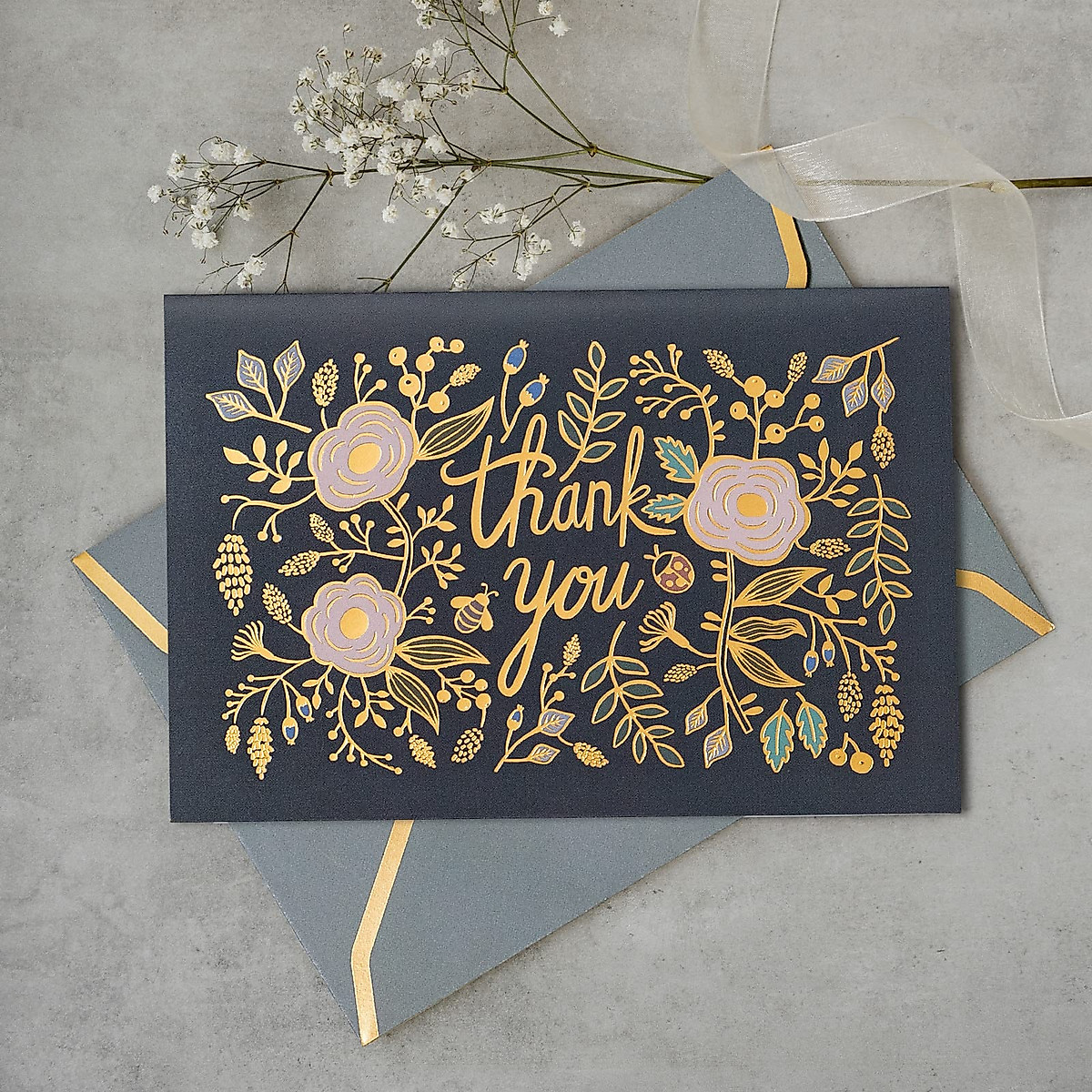 Prims & Flourish Thank You Cards with Envelopes, 24-Count Thank You Notes, Gold Foil Floral Designs, 4 x 6 Inches, Blank Inside Thank You Cards Bulk for Weddings, Bridal Showers, Baby Showers