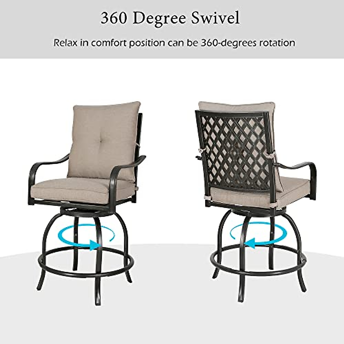 Iwicker 2 Pieces Outdoor Swivel Bar Stools, Patio Counter Height Bistro Chairs with 100% Polyester Cushions, Beige