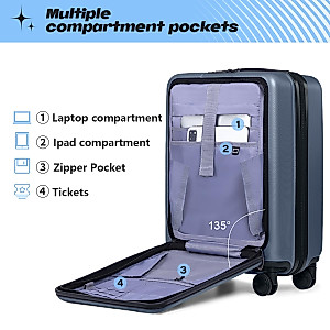 AnyZip Carry On Luggage 20'' Suitcase with Pocket Compartment ABS+PC Spinner Wheels TSA Lock Navyblue