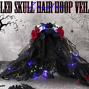 Zoestar Light Up Day of the Dead Headband Flower Halloween Costume Hair Bands Skull Veil Hair Accessory Women