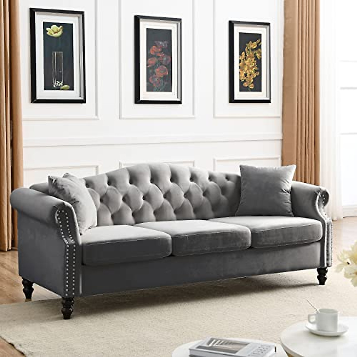 kevinplus 79" Velvet Chesterfield Sofa for Living Room, Modern Upholstered Tufted 3 Seater Sofa Tufted Couch with Rolled Arms and Nailhead for Living Room Bedroom Office Apartment, 2 Pillows, Grey
