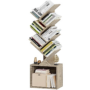 Vagusicc 6 Tier Tree Bookshelf, Modern Floor Standing Bookcase with Storage Drawer, Space Saving Storage Organizer Book Shelves for Books, Tall Wood Storage Rack for Bedroom/Living Room/Home Office