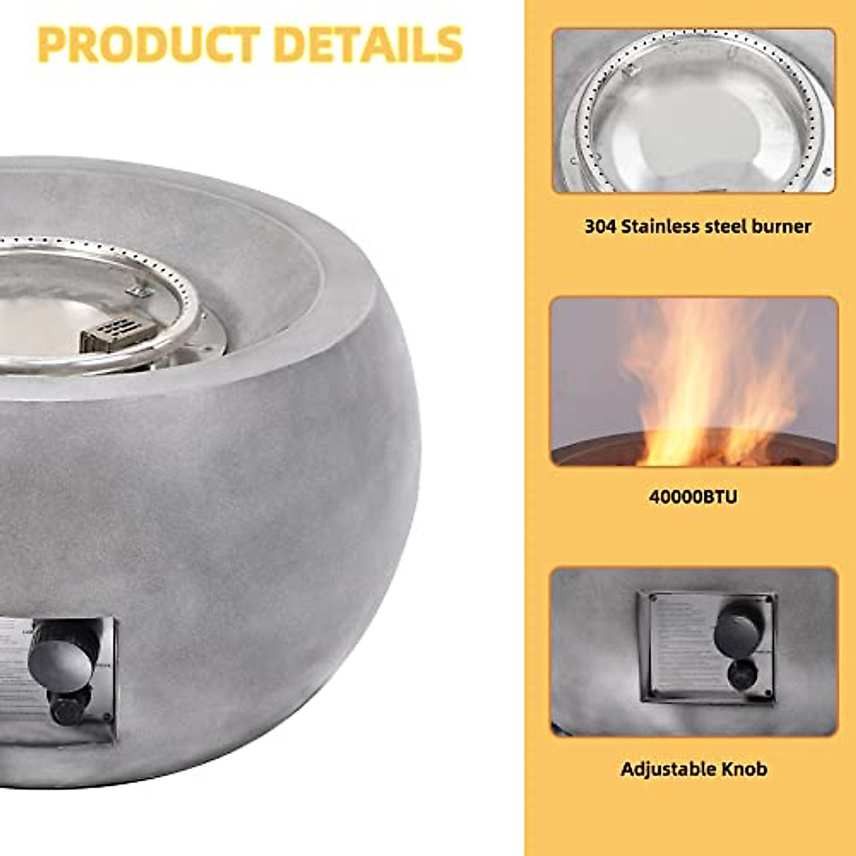 Outdoor Propane Fire Pit w 24" Lava Rocks Cover Propane Gas Fire Bowl Patio Heater for Outdoor Patio Garden Backyard Decking Décor,40000 BTU, Light Grey