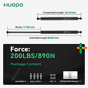 HUOPO 28 inch 200lb/890N Gas Strut Shock 28" Lift Support for Tonneau Cover Snowmobile Trailer Roof Top Cap Lid Queen Murphy Bed Hatch Boat Heavy Steel Door Custom Window Lift, 2pcs