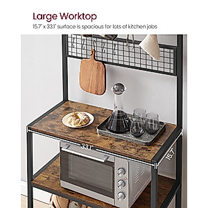 VASAGLE Bakers Rack, Coffee Bar, Kitchen Storage Shelf Rack with 10 Hooks, 3 Shelves, Adjustable Feet, for Microwave Oven, 15.7 x 33.1 x 66.9 Inches, Industrial, Rustic Brown and Black UKKS17BX