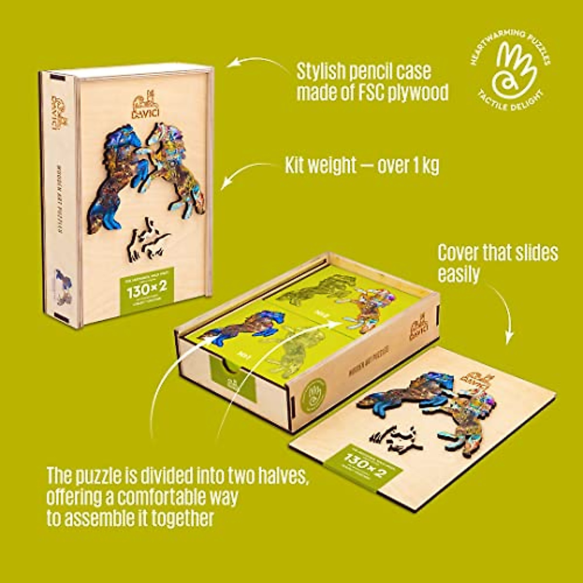 DAVICI - Wooden Jigsaw Puzzles for Adults | Exclusive Wooden Puzzle for Adults, Teens, Family | Uniquely Shaped Jigsaw Puzzles | Exclusive Wood Puzzle | Large | 12.8x15.9 in | 2x130 pcs | The Mustangs