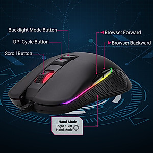 Rosewill Ergonomic Computer Laptop Gaming Mouse, 5 Levels up to 4000 DPI w/ Advanced Optical Sensor, 7 LED Backlit Colors - RGM-400
