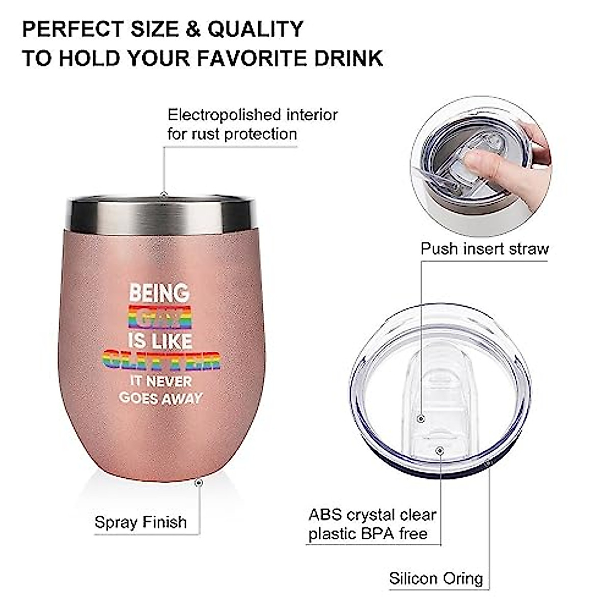 Mighun Being Gay Is Like Never Goes Away Wine Tumbler with Lid, Pansexual Bisexual LGBTQ Vacuum Coffee Tumbler, Gay Pride Stemless Insulated Wine Glasses Cup for Champaign, Cocktail, Beer