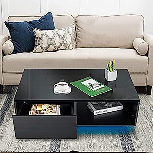 HOMMPA Small LED Coffee Tables for Living Room Black Coffee Table with LED Lights Modern Low Profile Center Table with High Gloss Table Top for Small Place 13" Tall