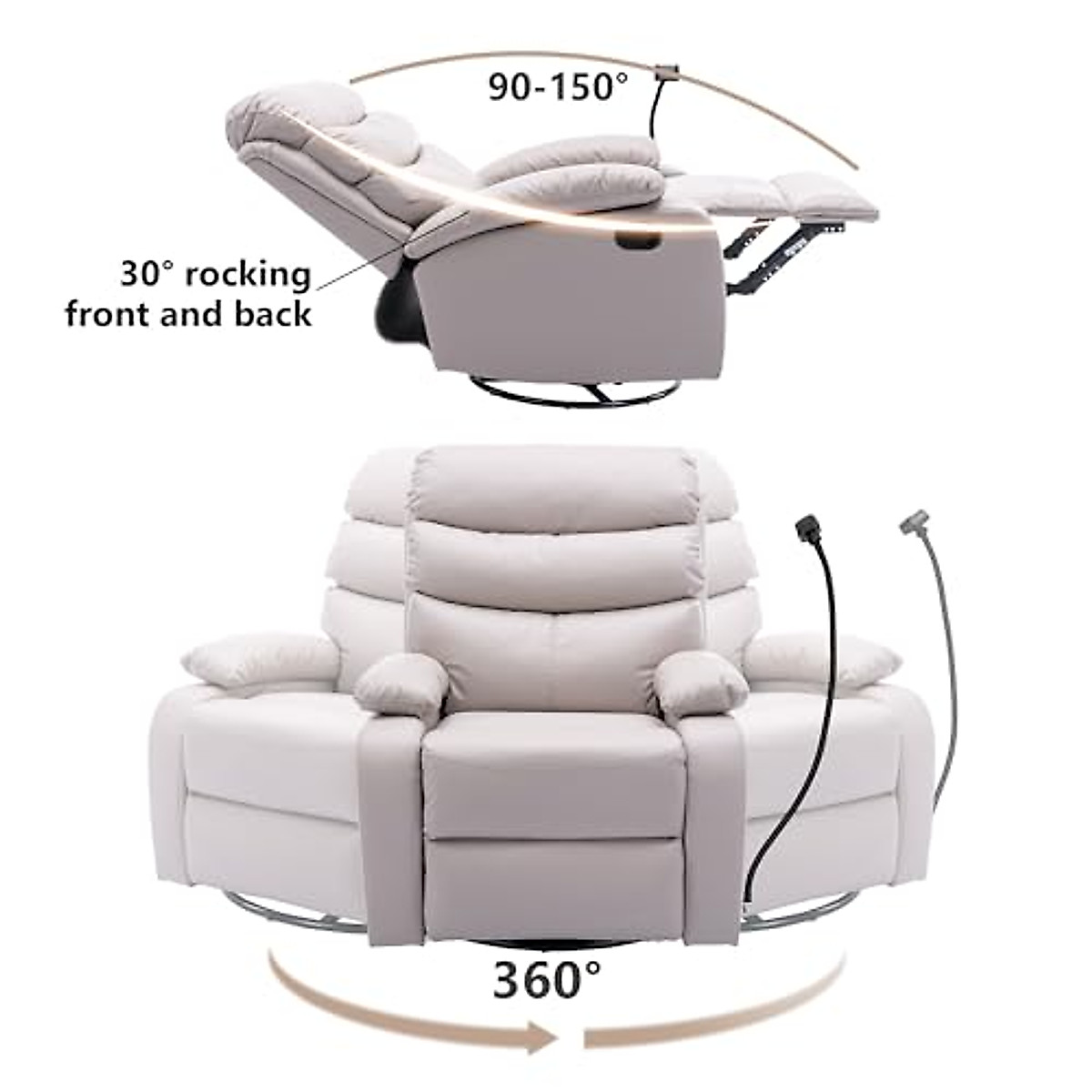 GNMLP2020 Swivel Rocking Recliner Chair, Manual Recliner Chair with Cell Phone Holder, PU Leather Small Rock Recliner Easy to Operate Reclining for Living Room, Nursery, Beige