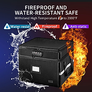 Fireproof Document Box with Lock, 2 Layers Fireproof File Box, Portable Important Document Organizer, Collapsible Waterproof File Box Organizer with Handles (Black)
