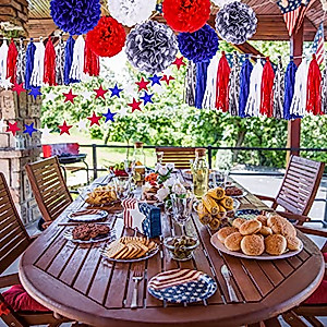 30PCS 4th of July Patriotic Party Decorations Tissue Paper Pom Poms Flowers Blue Red Silver Tassels Garland Star Streamers Memorial Independence Day Party Supplies