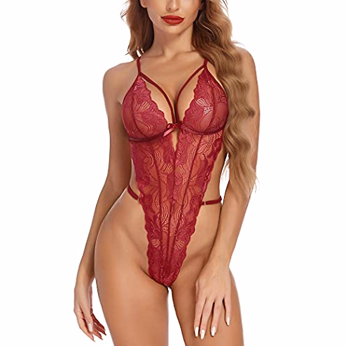 Avidlove Women Lingerie Sexy Deep V Lace Bodysuit Strappy One Piece Teddy Babydoll Dark Red XX-Large