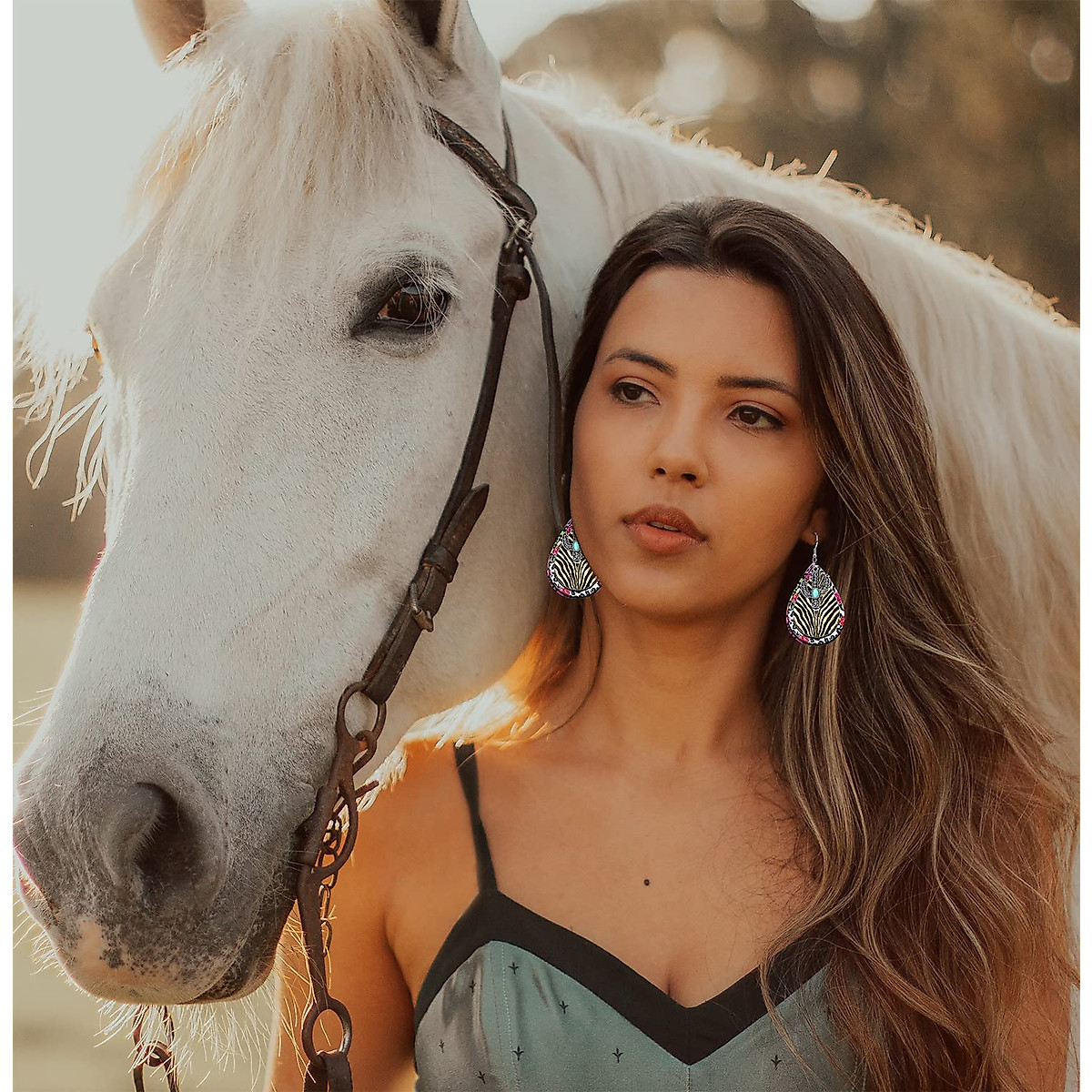 TOBENY 9 Pairs Western Earrings for Women Cowgirl Cowboy Earrings Set Boho Vintage Turquoise Cow Printed Leather Wooden Teardrop Dangle Earrings Western Jewelry for Women