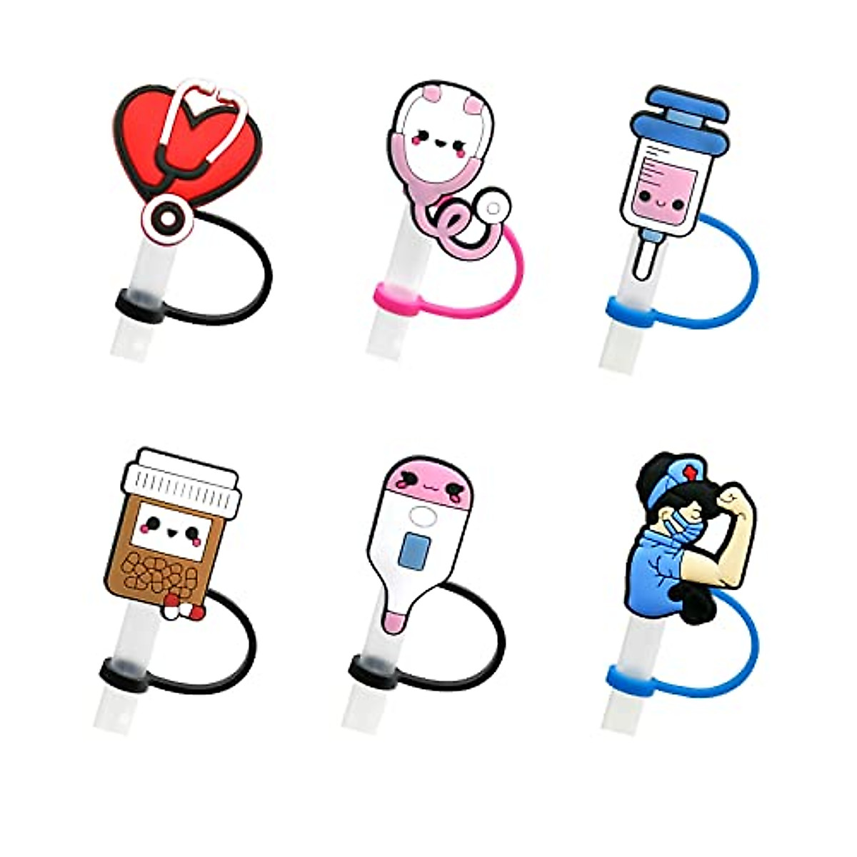 6Pcs Straw Covers, Silicone Straw Tip Covers, Straw Toppers for Tumblers, Reusable Drinking Dust Proof Straw Tip Covers for 6-8mm Straws (Nurse Theme)