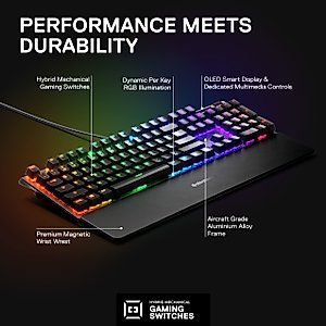 SteelSeries USB Apex 5 Hybrid Mechanical Gaming Keyboard – Per-Key RGB Illumination – Aircraft Grade Aluminum Alloy Frame – OLED Smart Display (Hybrid Blue Switch)