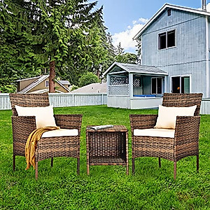 Tappio 3 Pieces Patio Furniture Set Outdoor Bistro Sets All Weather Patio Conversation Sets PE Rattan Wicker Chairs with Cushions and Pillows Beige