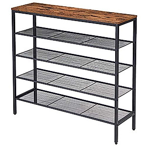 YMYNY Industrial Shoe Rack, 5-Tier Shoe Storage Organizer with 4 Mesh Shelves for 16-20 Pairs, Shoe Shelf for Entryway, Hallway, Closet, 39.4 x 11.8 x 37.4, Metal Frame, Rustic Brown, HD-UHTMJ084H