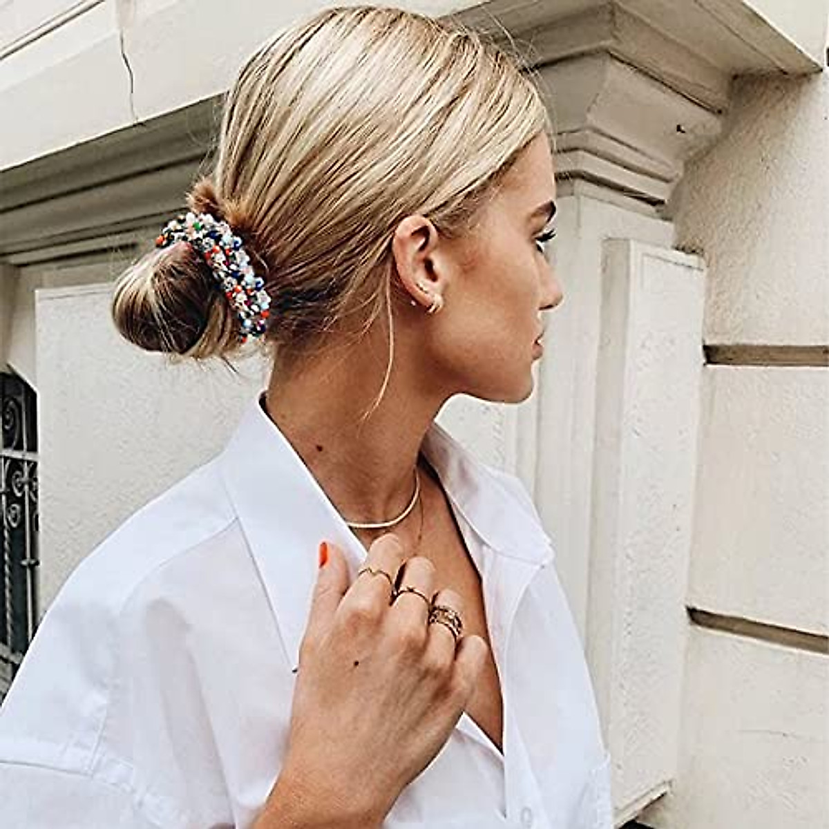 Brinie Pearl Scrunchie White Elastic Hair Ties Rhinestone Ponytail Holders Beaded Hair Elastics Hair Accessories for Women and Girls (Pack of 3)