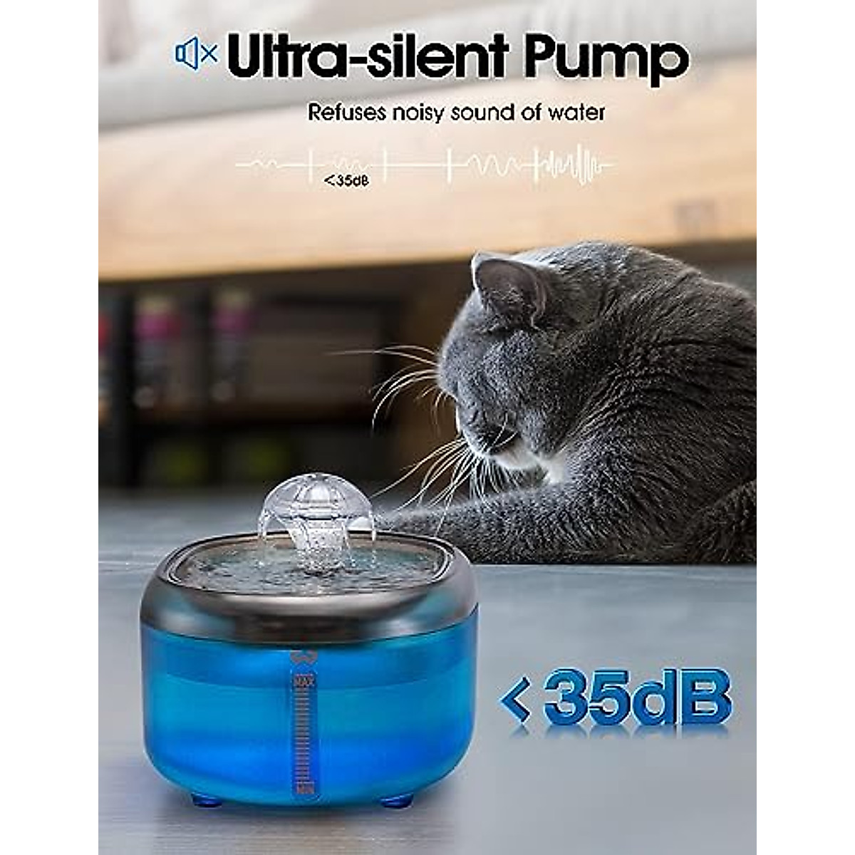 Olelica Cat Water Fountain, 71fl oz/2.1L Ultra Quiet Dog Dispenser, Automatic Pet Fountain for Cats Inside, Dispenser with 1 Replacement Filter Dogs Multiple Pets (Blue)