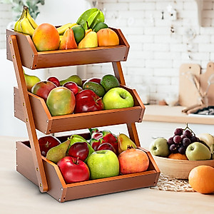 NUTUNI Fruit Basket for Kitchen, 3 Tier Fruit Basket, Bamboo Fruit Basket, Produce Storage, Fruit Holder, Fruit and Vegetable Storage for Potato, Onion, Bread and Snack -Brown (Self-assembly)