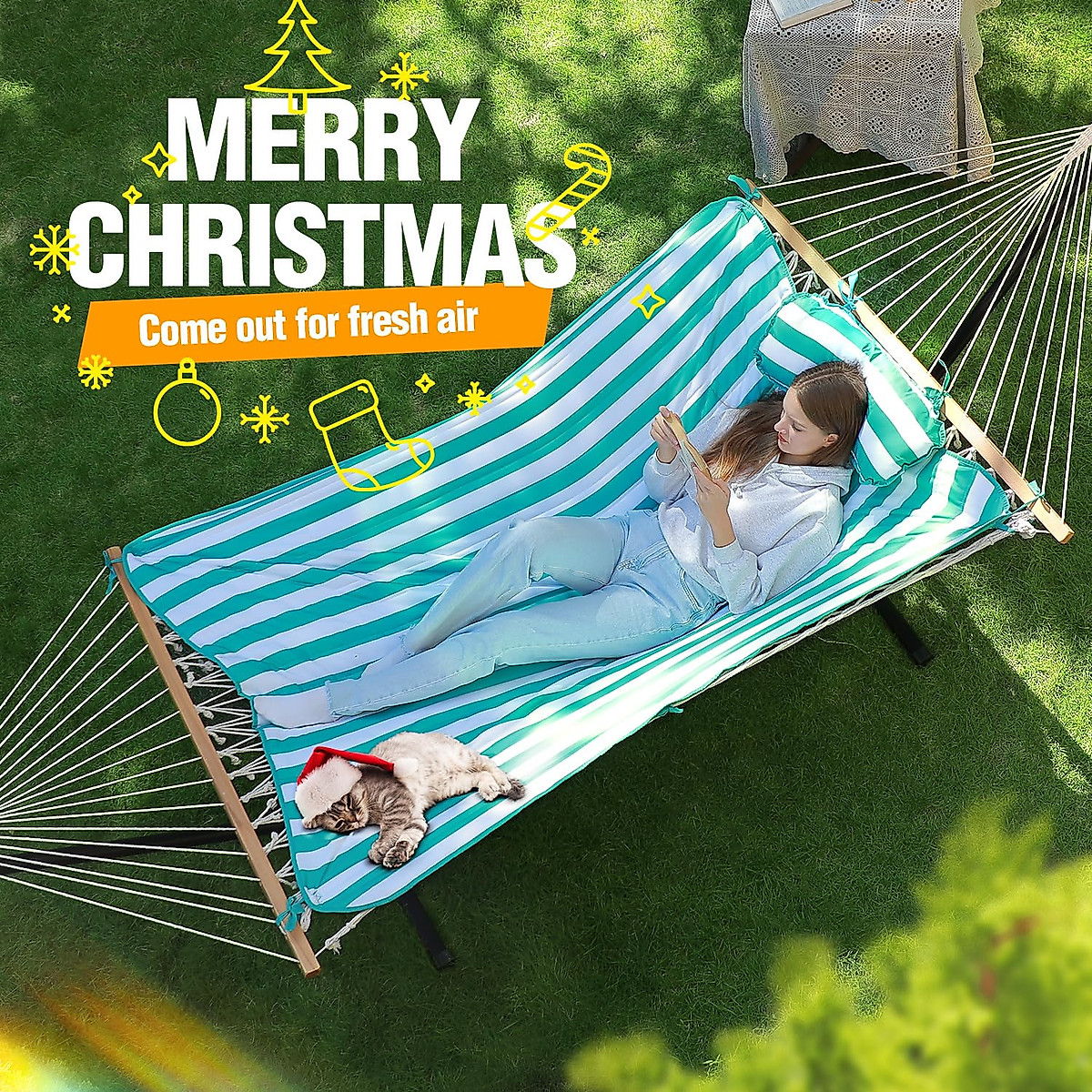 Double Outdoor Hammock with Stand, 2 Person Cotton Rope Hammock with Polyester Pad and Pillow for Backyard Porch Patio Garden