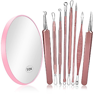 Blackhead Remover Tools, IKOCO 10PCS Stainless Steel Pimple Popper Tool Kit Including a 10X Blackhead Mirror, 8pcs Comedone Extractors and a Leather Bag, Rose Gold