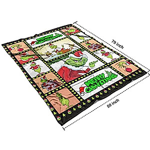 Christmas Fleece Blankets Super Soft Bed-Throw Blanket Green Christmas Grinchy Cartoon Mosaic Warm Bed Blanket for Sofa Chair Bed Living Room Funny Stitching Winter Companion Blessing 60"x80"