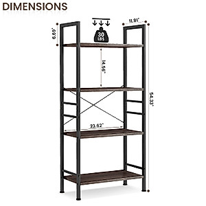 DKLGG 4-Tier Storage Shelves, Bookshelf, Wood Bookcase with Metal Frames and Standing Shelving Unit, Industrial Design Open Standing Organizer for Living Room, Bathroom, Balcony, Office, Rustic Brown