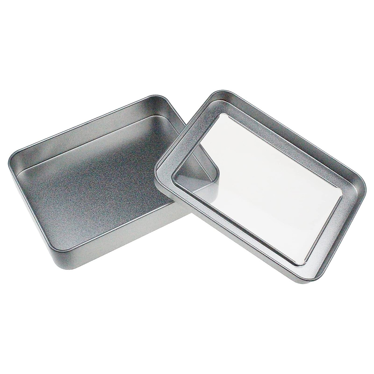 Goodma 12 Pieces Rectangular Empty Metal Tins Home Storage Containers Organizer Mini Box with Clear Window Lid, 4.5 x 3.35 x 0.87 inch (Silver)