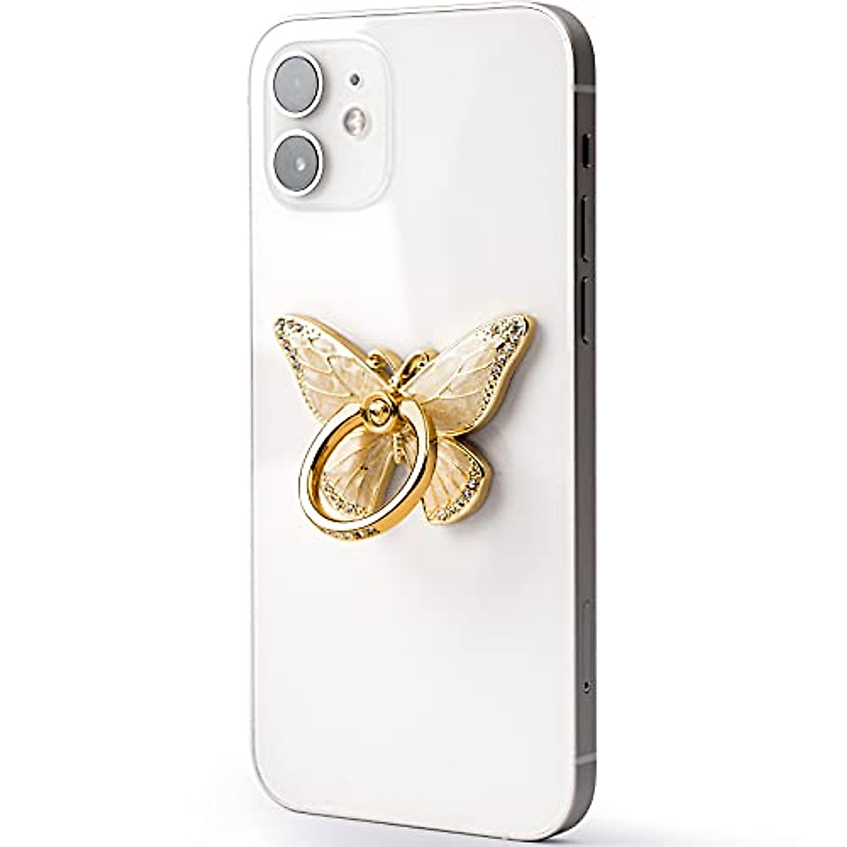 Cell Phone Ring Holder Stand with Crystal Stone and Enamel Process, Butterfly 360° Rotation Finger Kickstand Metal Back Stand Hand Grip with Knob Loop Compatible with Smartphone (Gold Pearl White)