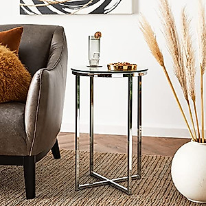 Walker Edison Cora Modern Glass Top Round Accent Table with X Base, 16 Inch, Glass and Chrome