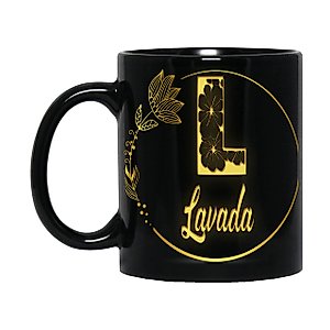 Coffee Mug Personalized Lavada Name & Initial Letter Monogram Floral Alphabet Mug Golden Flowers Custom Black Coffee Cup, Gift for Her Mom Coworker Sister, Wife, Girl 11oz Black Mug 394309