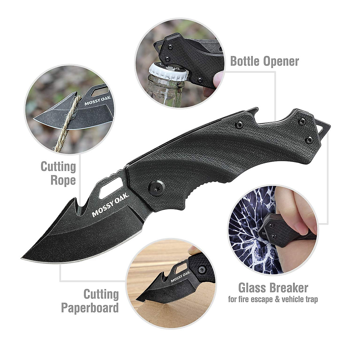 MOSSY OAK Mini Folding Pocket Knife, 2.5-inch Stainless Steel Drop Point Blade - G10 Handle EDC Multifunction Tool with Bottle Opener and Glass Breaker (Black), Good Merry Christmas Gift