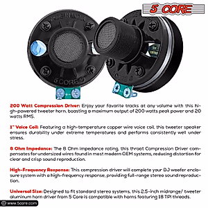 5 CORE Horn Speaker Tweeter Diaphragm Compression Driver 1 Inch Voice Coil 8 Ohm 200W PMPO Aluminum Weatherproof Throat Twist Tweeters Car Audio Speaker System 2Pcs 5C-D26 2PCS