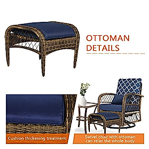 Rotihom 5 Piece Swivel Rocking Chair Set,Rattan Furniture Set with Glass Table and Ottoman,Patio Bistro Set for Garden,Backyard,Front Porch, Balcony