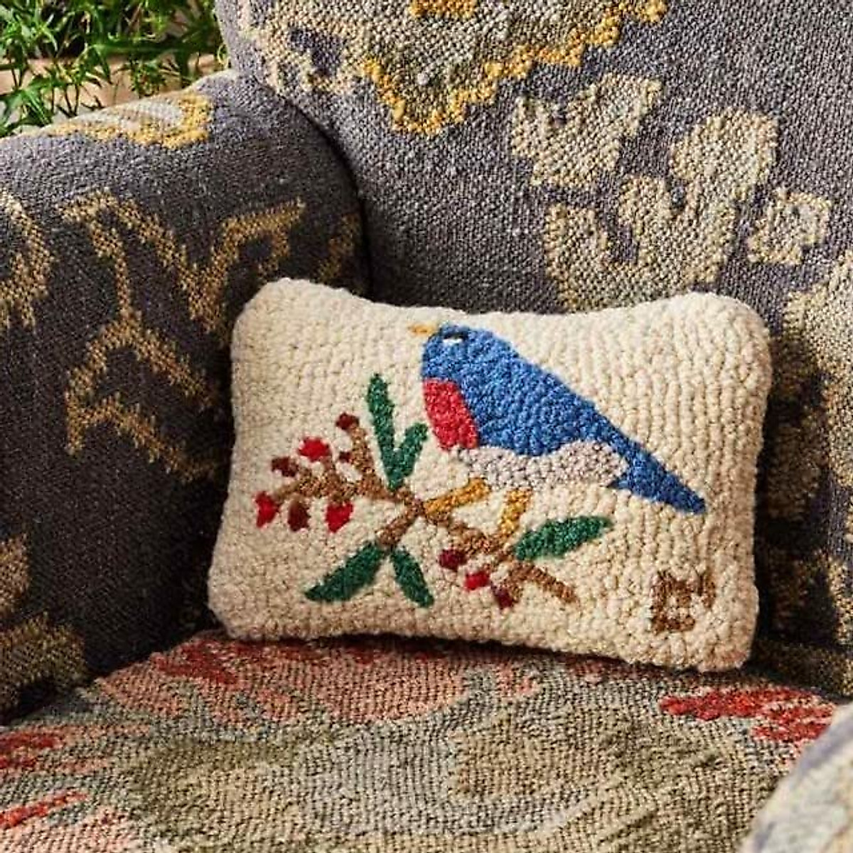 Chandler 4 Corners Artist-Designed Bluebird and Berries Hand-Hooked Wool Decorative Throw Pillow (8” x 12”) Wildlife Pillow for Couches & Beds-Easy Care, Low Maintenance Nature & Bird Pillow