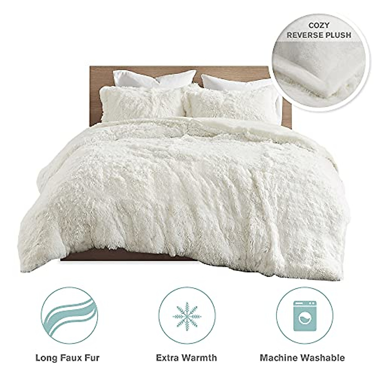 Intelligent Design Malea Shaggy Duvet with Quilted Box Design, Long Faux Fur Comforter Cover Cozy Bedding Set, Matching Shams, (Insert Not Included) Full/Queen, Ivory 3 Piece, 90x90