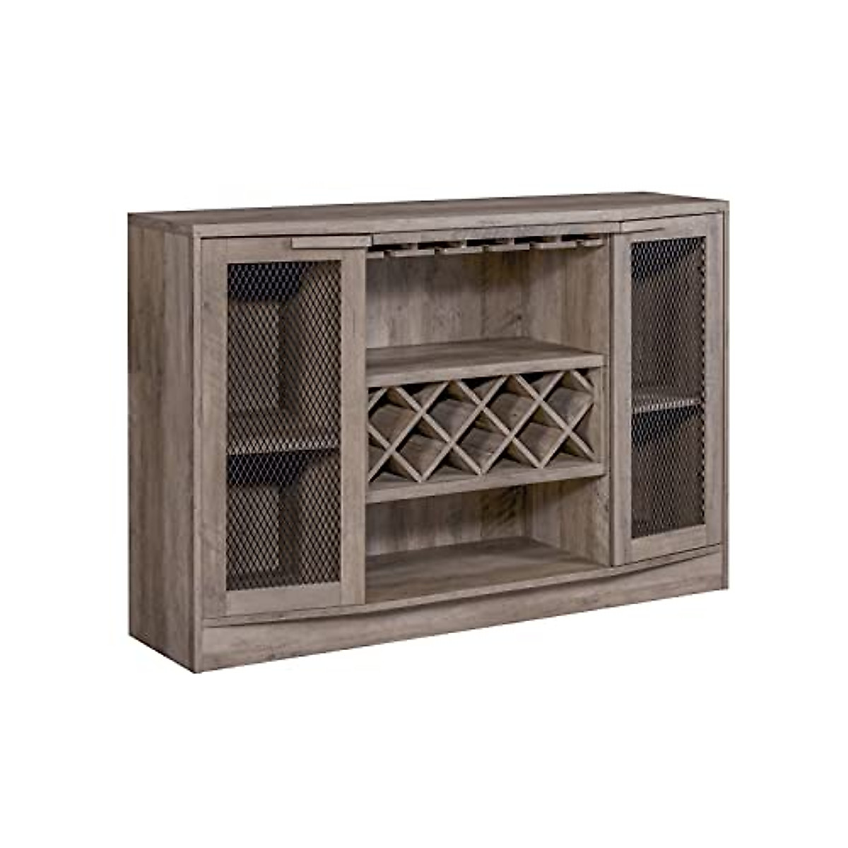 Home Source Bar Cabinet with Curved Wire Mesh Doors in Stone Grey Finish