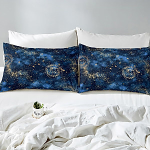 Castle Fairy Blue Galaxy Duvet Cover King Size, Golden Stars Spiral Planets Print Nebula Universe Theme Comforter Cover for Girls Teens Gift, Outer Space Mysterious Style Duvet Set with 2 Pillowcases