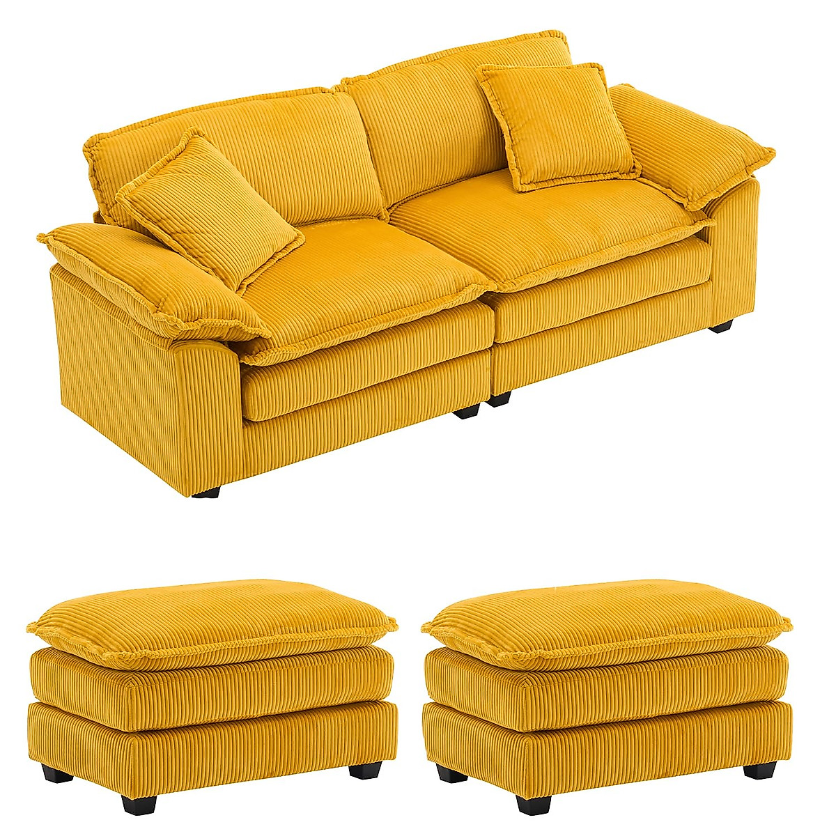 Corduroy Sectional Couch, 84“ Width Oversize Loveseat Sofa, Comfy Plush Cloud Couch Lounge Chair with Ottomans and 2 Pillows for Small Spaces, Living Room, Bedroom, Office Easy to Install (Yellow)