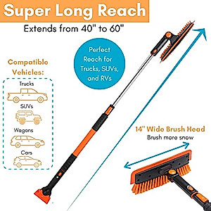 BIRDROCK HOME 60" Extendable Snow Brush with Detachable Ice Scraper for Car | 14" Wide Squeegee & Bristle Head | Size: Truck, Car, SUV, & RV | Aluminum Body with Ergonomic Rubber Grip