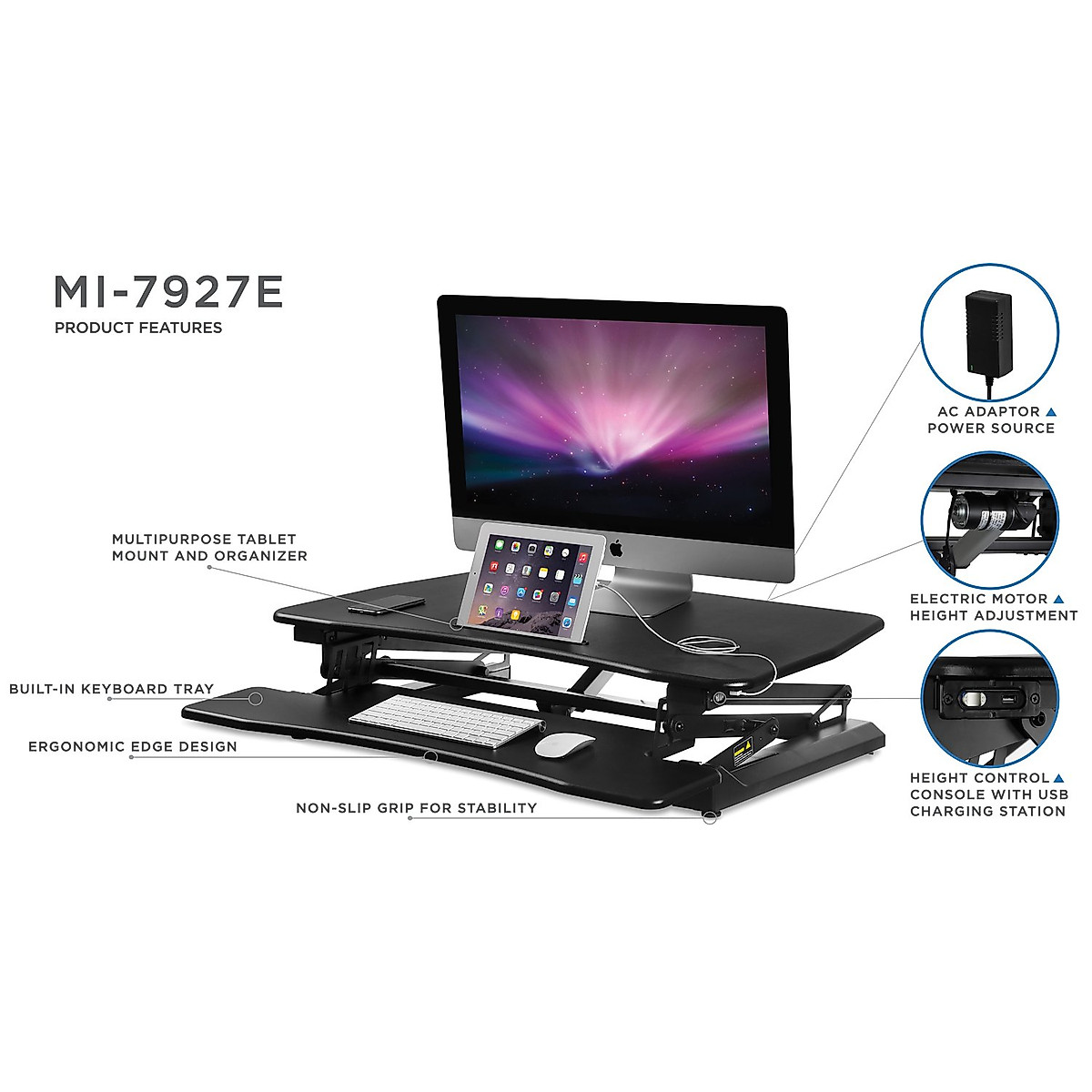 Mount-It! Electric Standing Desk Converter | Motorized Sit Stand Desk with Built in USB Port | Ergonomic Height Adjustable Workstation | Black (MI-7927E)