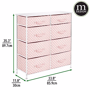 mDesign 35.3" High Steel Frame/Wood Top Storage Dresser Furniture, 8 Slim Fabric Drawers, Large Bureau Organizer for Baby, Kid, Teen Bedroom, Nursery, Playroom, Dorm, Pink/White Polka Dot