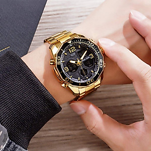 VIGOROSO Mens Watches Multi Times Military Gold Watch Chronograph Digital Analog Stainless Steel Wrist Watch for Men/Gents Waterproof